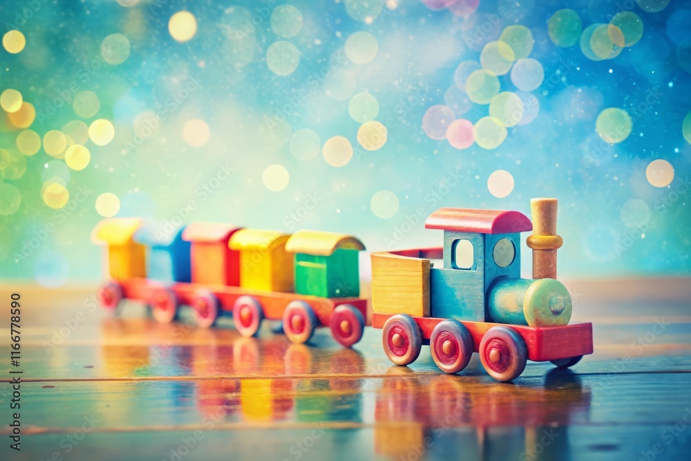 Colorful Wooden Toy Train Double Exposure on Light Blue Background ...