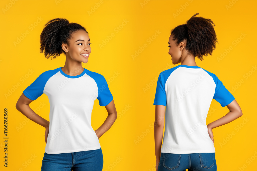 woman wearing a white and blue short-sleeve raglan t-shirt mockup front ...