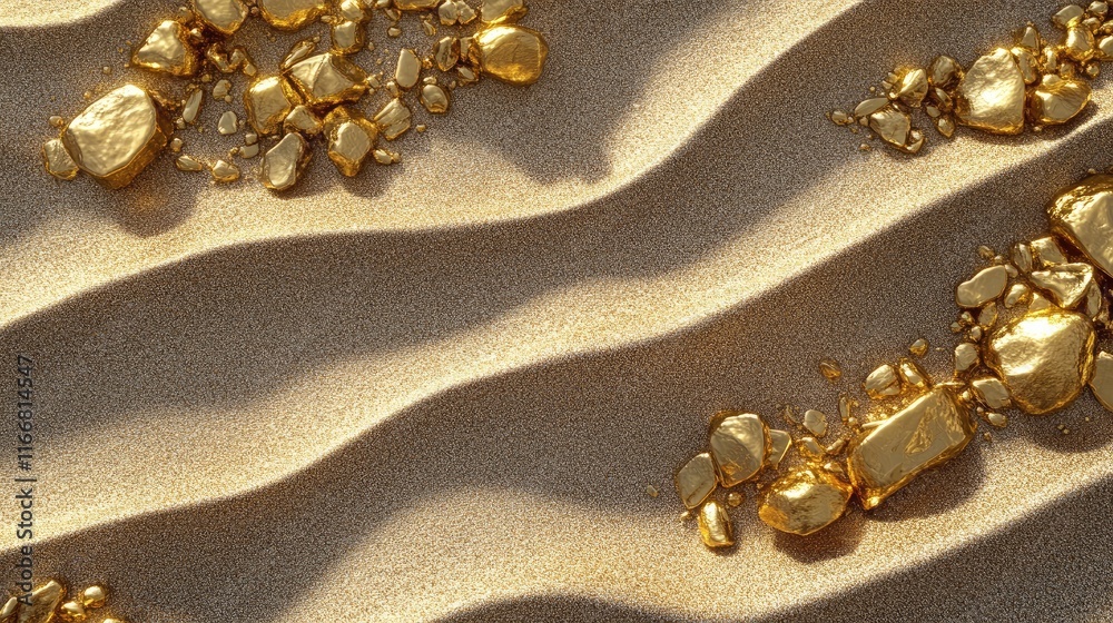 Golden stones scattered on textured sandy waves creating a luxurious ...