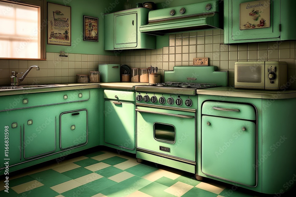 Authentic 1940s American kitchen featuring a vibrant green color scheme ...