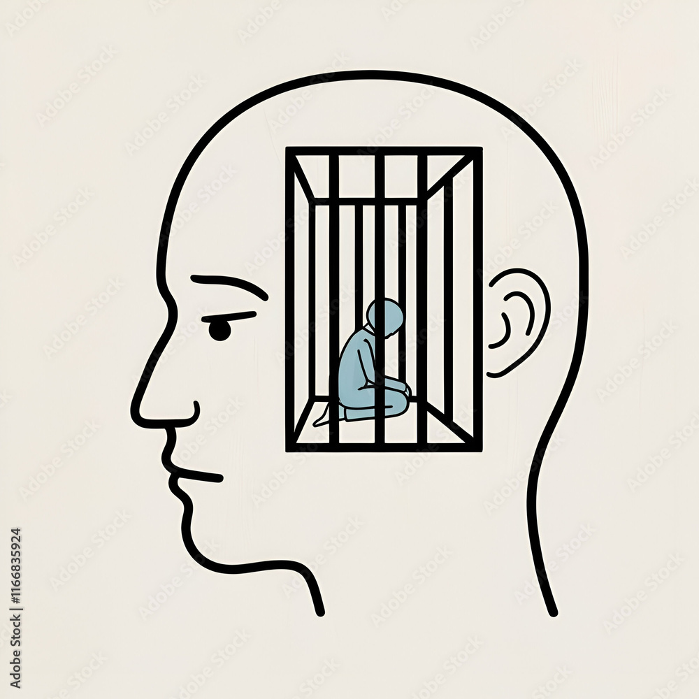 Prisoner in mind, mental freedom, sad man sitting in a cage in the ...
