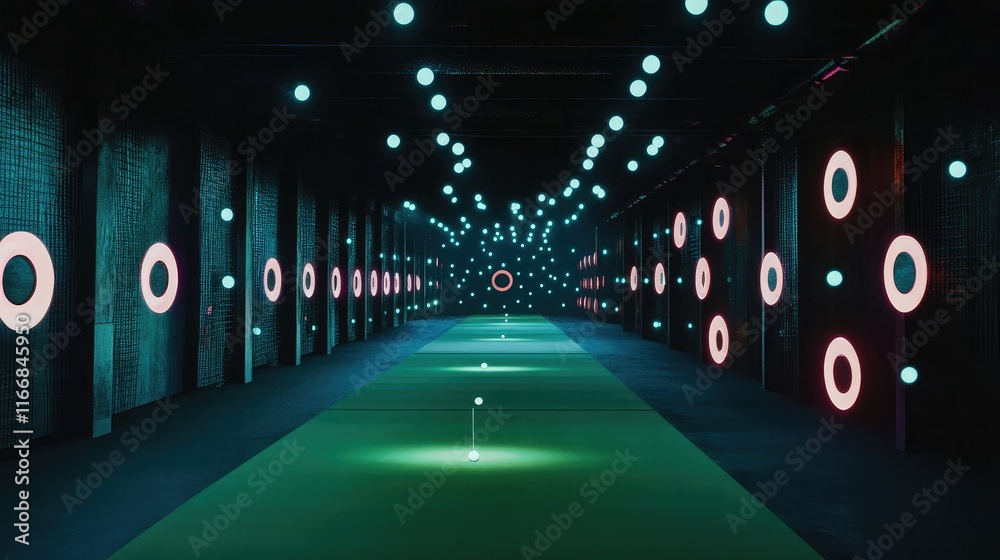 Nighttime driving range with illuminated targets and golf balls flying ...