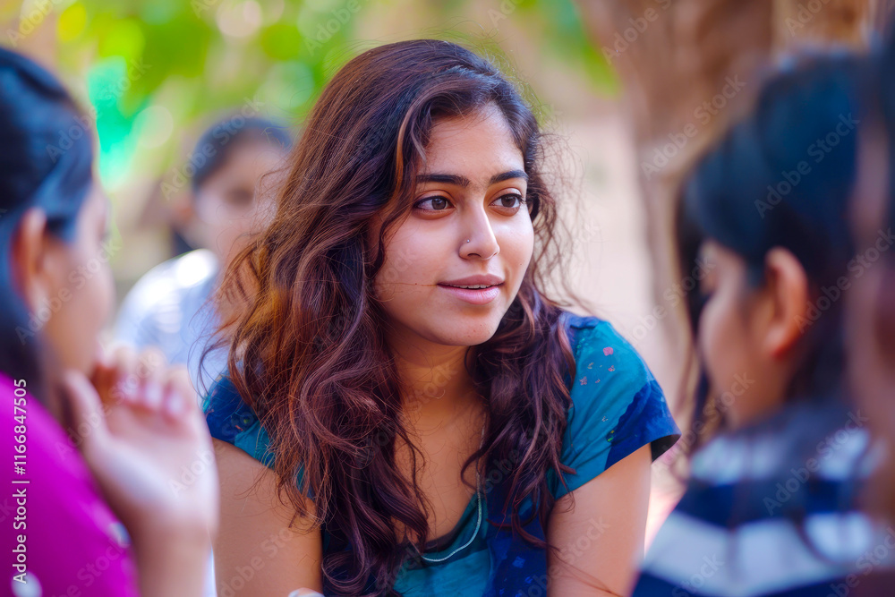 Amidst the animated discussion of friends, an Indian woman debates the ...