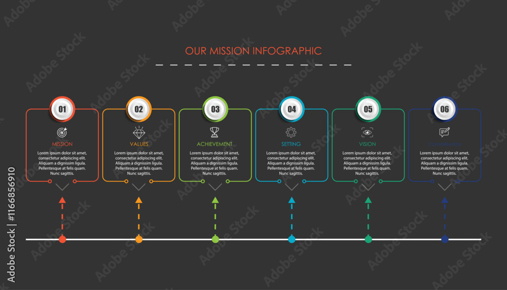 Mission, vision, values, graphic design template.eps 10 on dark ...