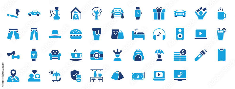 Set of Good Life icon. Cigar Pipe, Flash, Bag, Car, Shopping, Smoke ...