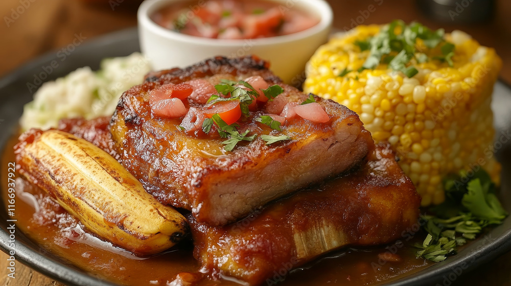 Colombian cuisine vector fried bananas with tomato onion sauce, milk ...