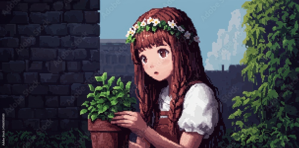 Pixel Art Anime Girl with Flower Crown Holding Plant near Brick Wall ...