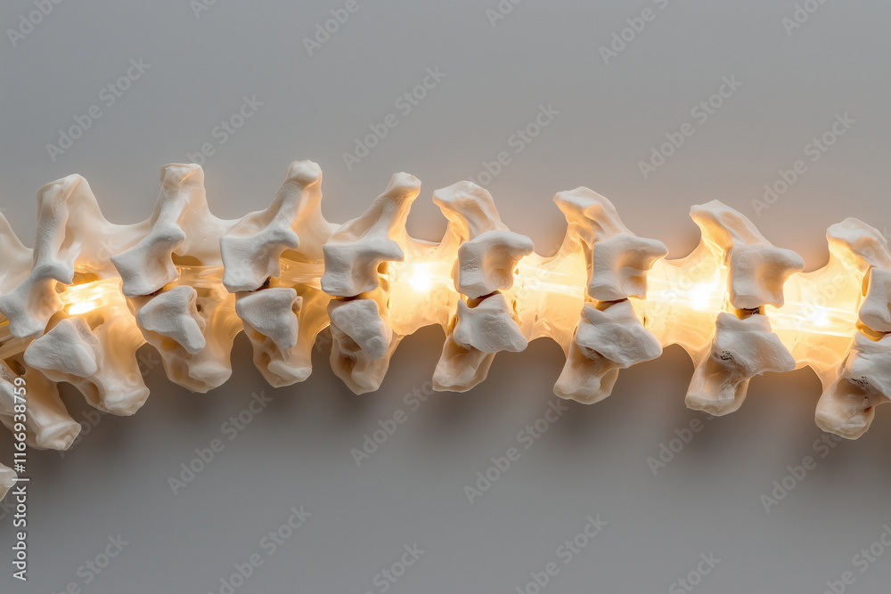 glowing depiction of human spine model with illuminated vertebrae ...