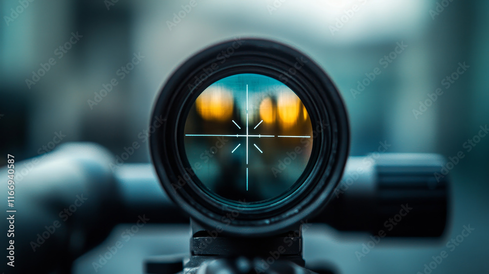 Foto de Stock Military sniper scope, crosshair target and sight view of gun or rifle weapon aim ...