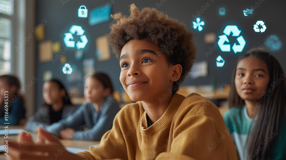 Teenagers in a classroom learning about recycling, with holographic symbols of waste categories ...