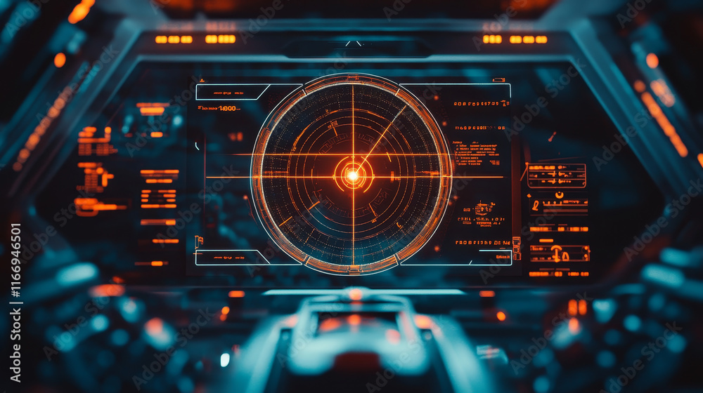 Ilustración de Stock Military HUD target aim control and radar screen, futuristic dashboard. Sci ...