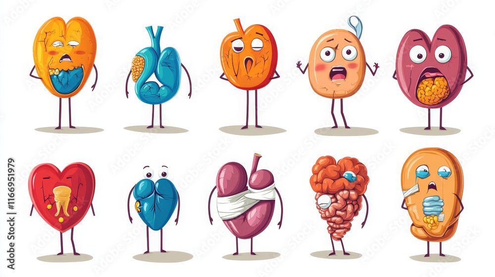 Ilustración de Stock Sick body organ characters. Injured and unhealthy ...