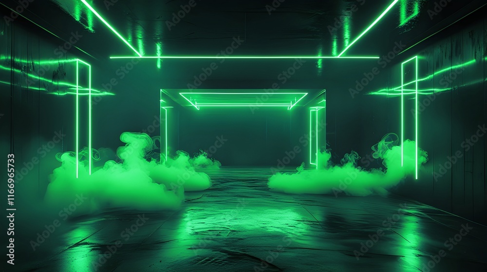 High-Tech Sci-Fi Inspired Dark Room with Bright Green Neon Lights and a ...