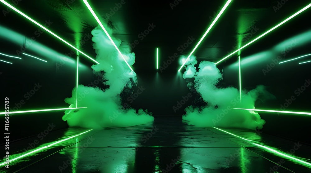 Moody and Futuristic Scene in a Dark Room Featuring Green Fluorescent ...