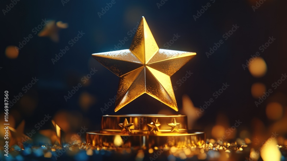 Gold five star rating trophy success award symbol on achievement 3d ...