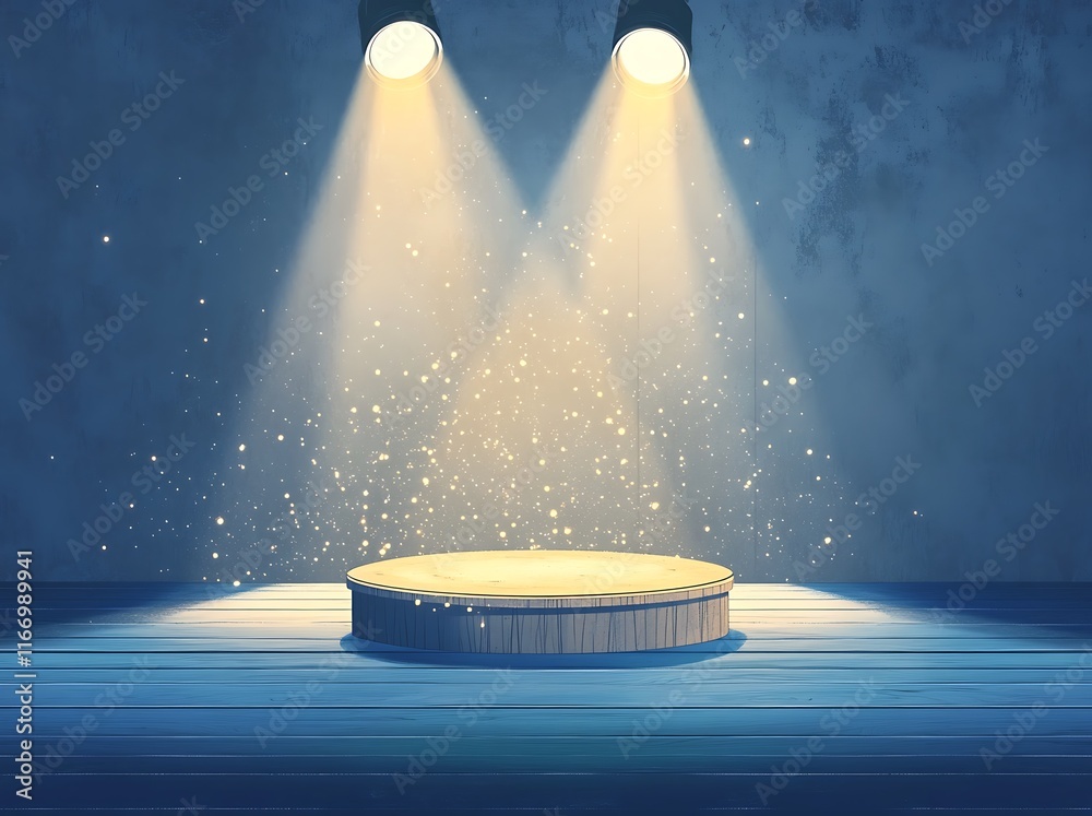 Bright light rays shining down on a blue stage background with ...