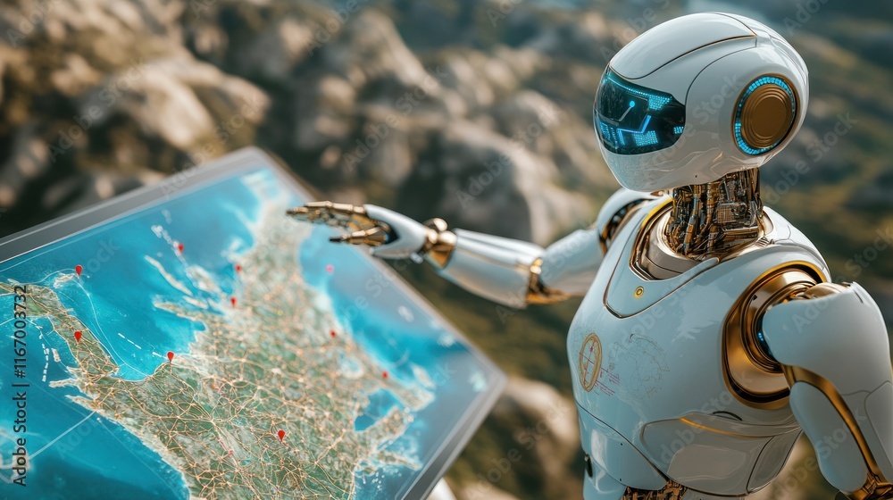The robot is pointing at a digital map displayed on the screen. The map ...