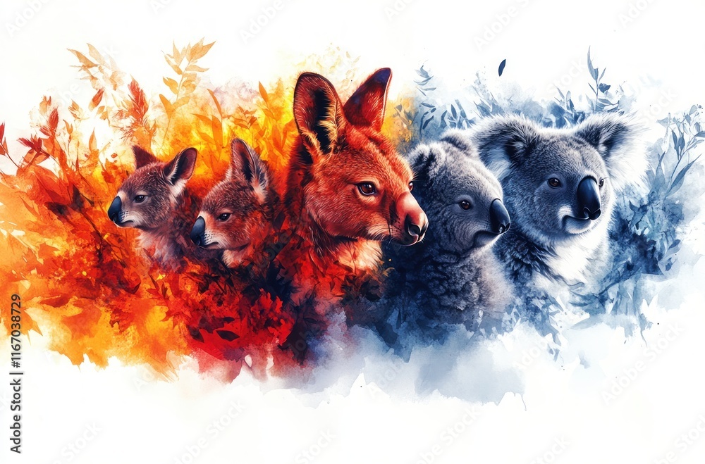 Watercolor Illustration of Kangaroos Koalas Emus Dingo Birds and More ...