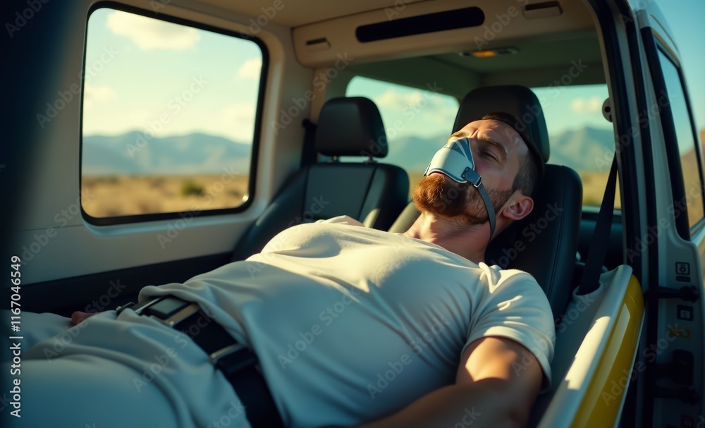 Injured man in oxygen mask lying on stretchers in ambulance car ...