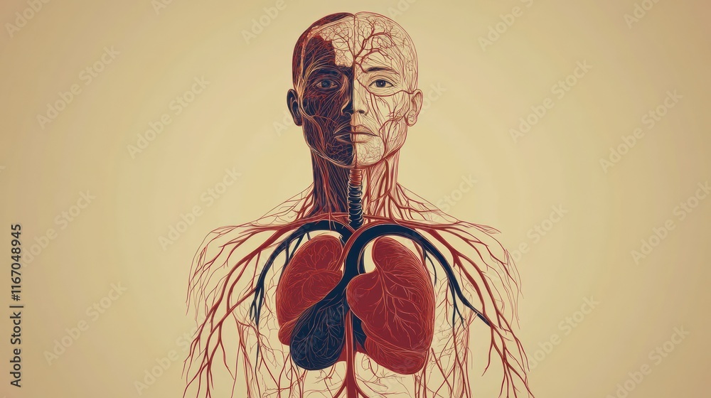 Half-face human anatomy illustration showing circulatory system, lungs ...