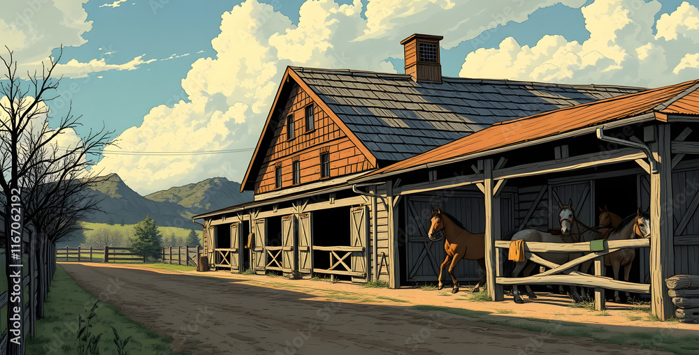 Horse stables, graphic novel art. isolated with white highlights Stock ...