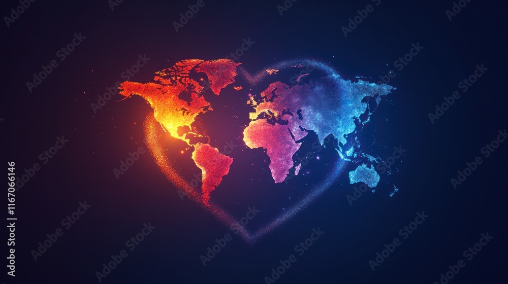 World map shaped as a heart, glowing with warm and cool colors. Stock ...