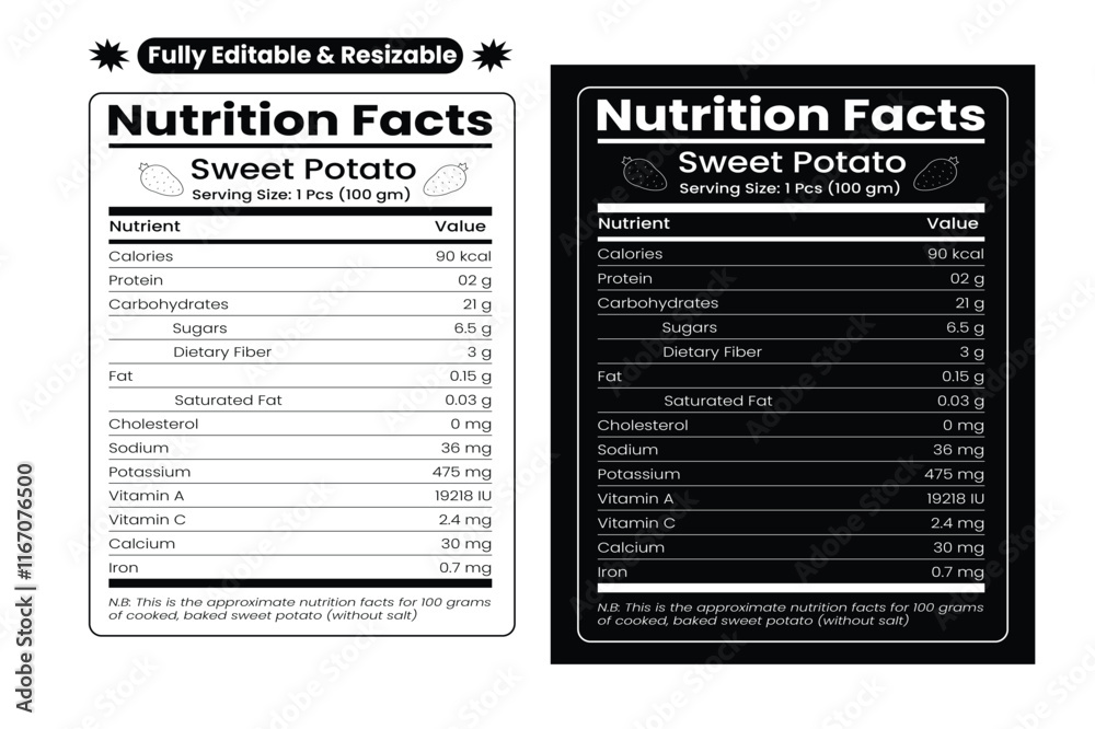 Vector de Stock Sweet potatoes nutrition facts. Nutrition facts label ...