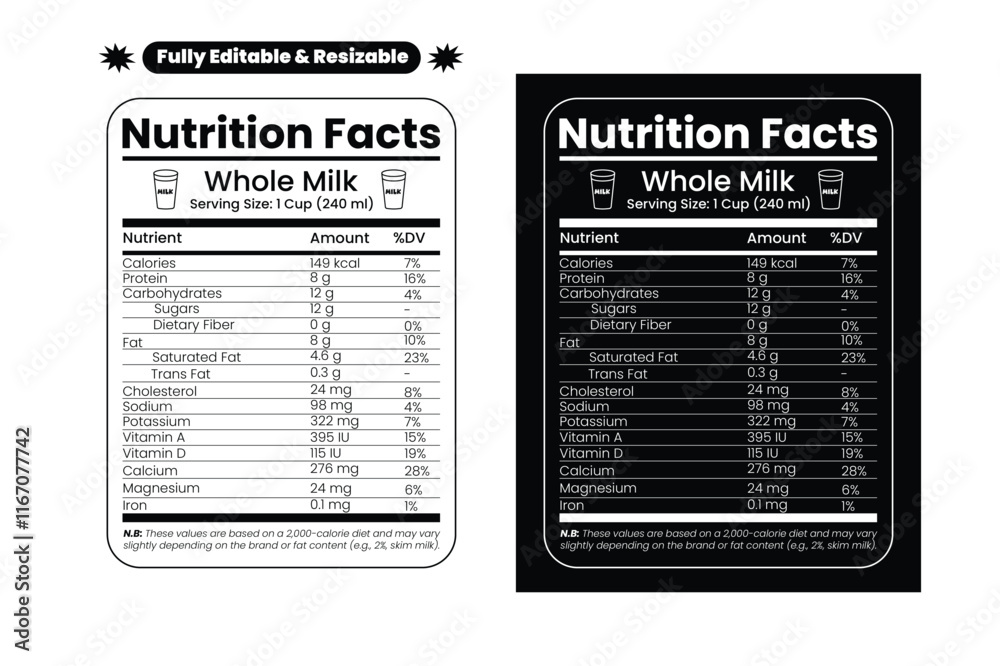 Vector de Stock Whole milk nutrition facts. Nutrition facts label and ...