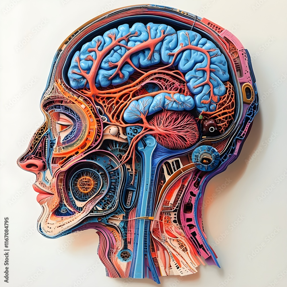 Anatomical cross-section of human head, intricate brain detail, vibrant ...