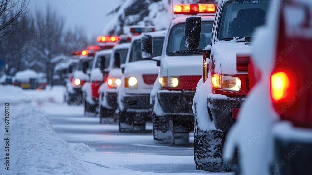 Snow emergency vehicles lined up, ready to be deployed in response to a ...