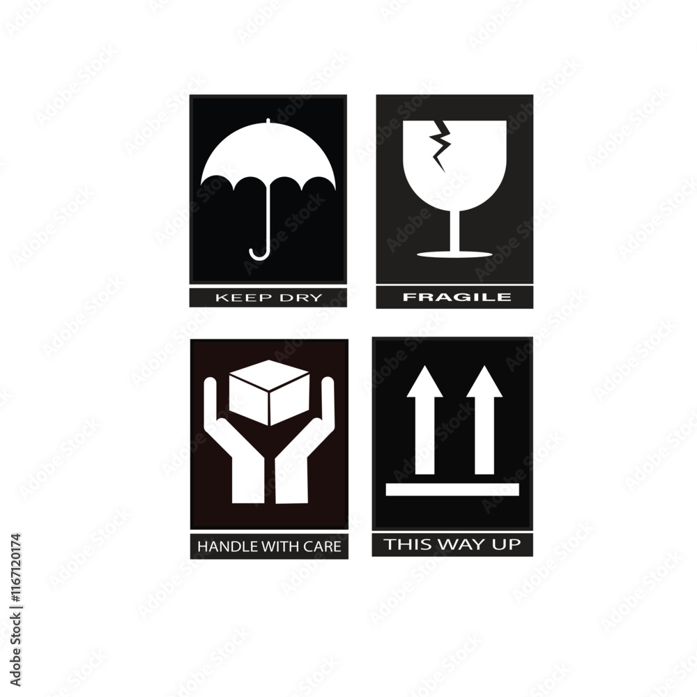 Fragile icons. Packaging symbols, fragile and packing care label ...