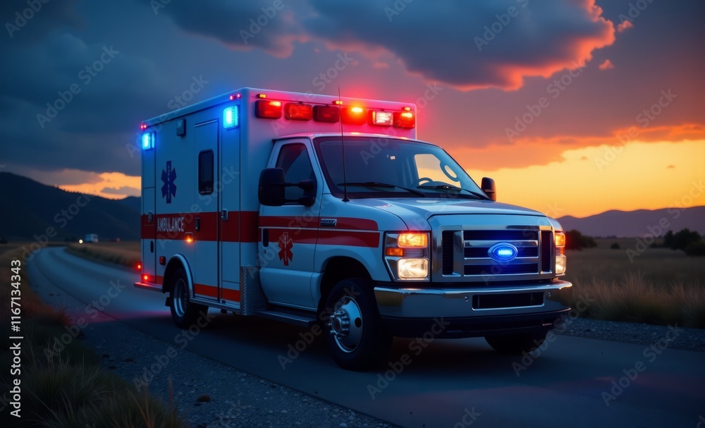 Ambulance emergency vehicle on call at night blue lights flashing ...