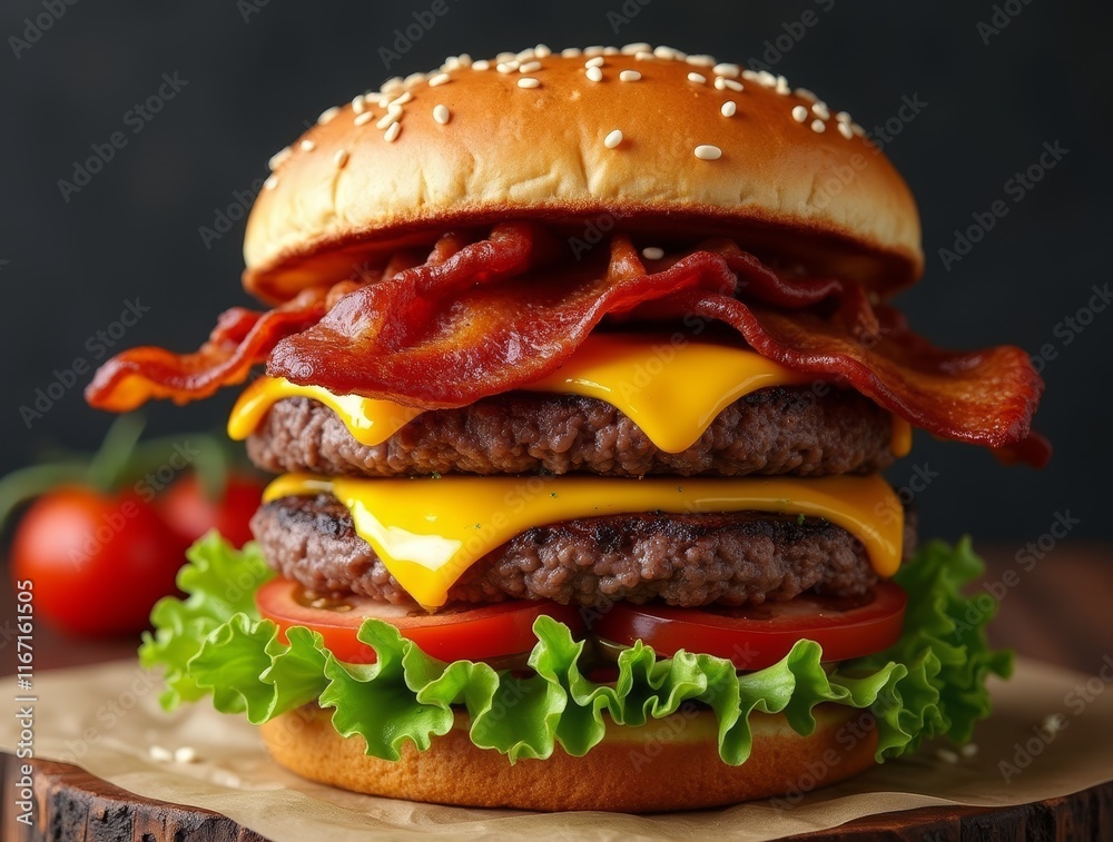 Juicy double cheeseburger topped with crispy bacon and fresh vegetables ...