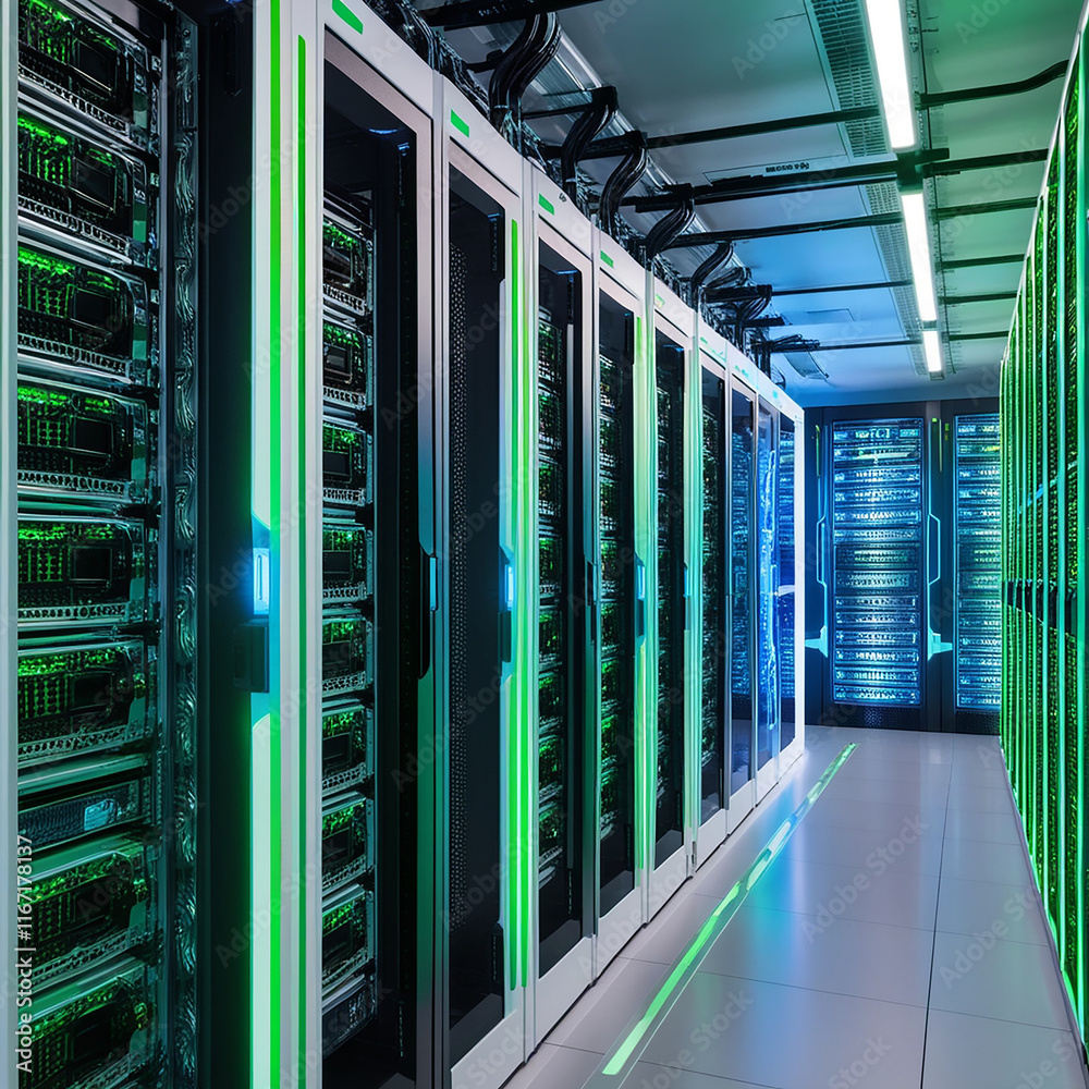 high-tech data center is depicted in a stock photo with a server room featuring rows of servers ...