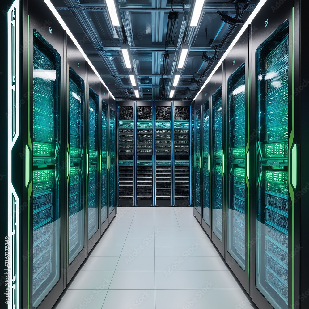 high-tech data center is depicted in a stock photo with a server room featuring rows of servers ...
