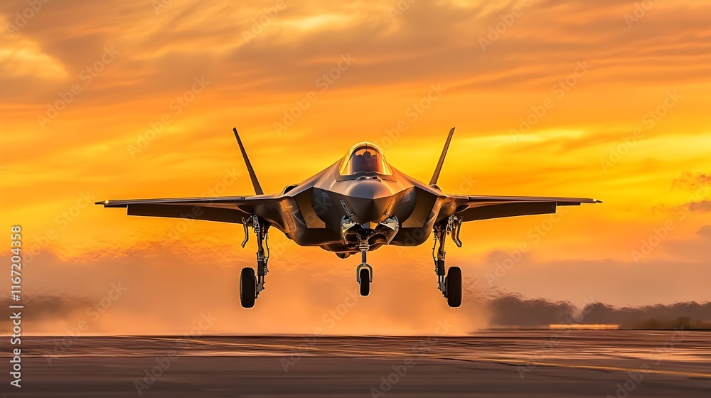 Military fighter jet, F-35 Lightning II, dramatic sunset, orange sky ...