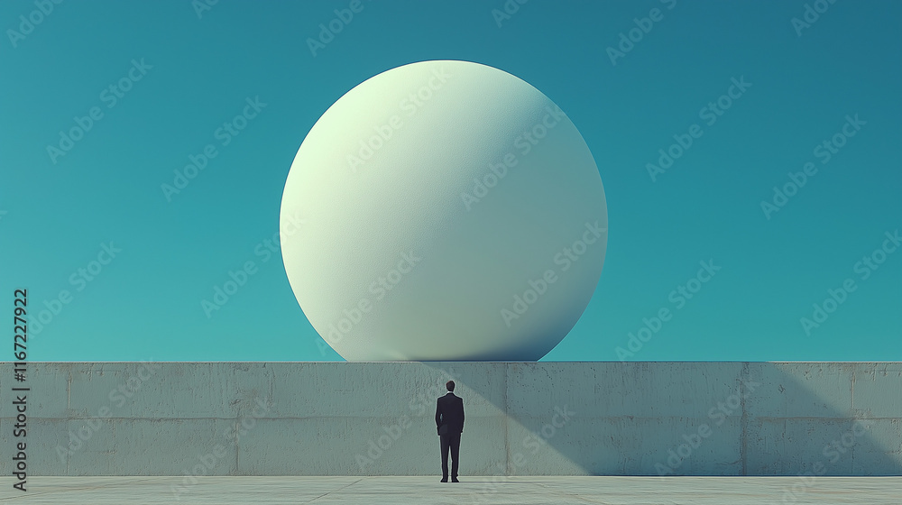 Contemplation: A Minimalist Abstract of a Man Facing a Giant Sphere. A ...