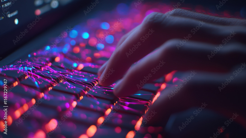 human hand typing on keyboard with flowing neon lights, creating futuristic and dynamic ...