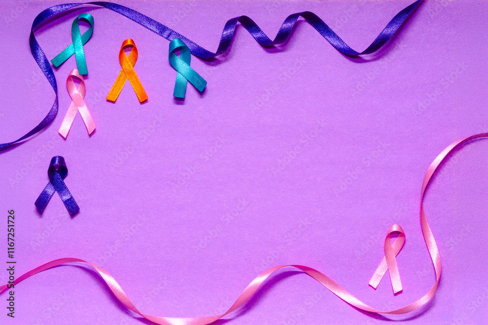 World Cancer Day. Ribbons of various colors representing the different ...