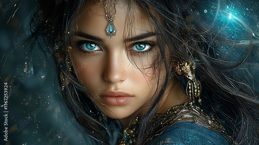 Digital shaman portrait, mystical young female tech-witch, plasma-infused robes, quantum ...