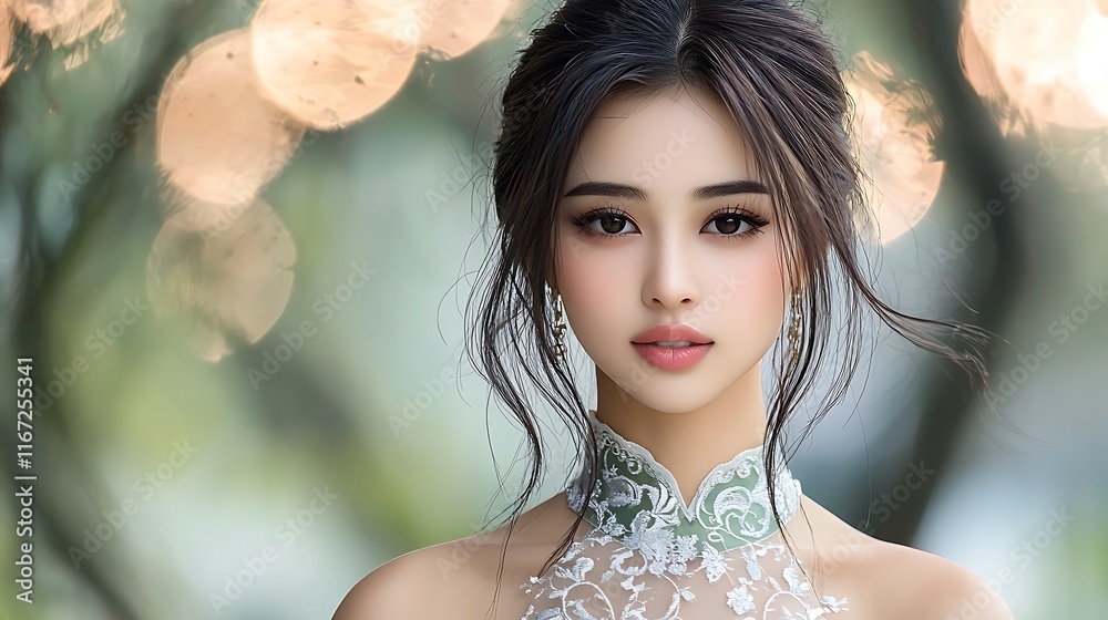 Elegant Asian woman in emerald silk qipao natural outdoor setting ...