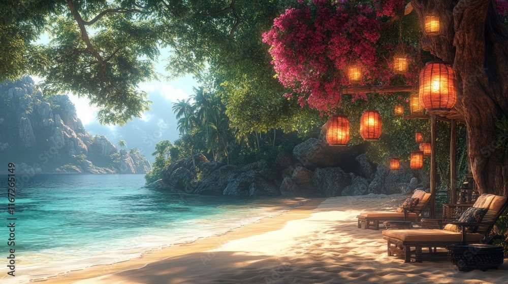 Tropical Beach Restaurant Cafe with Vibrant Lanterns Tables and Chairs ...