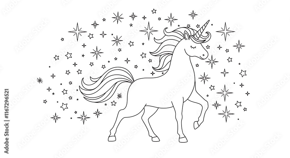 Magical unicorn coloring page. Black and white outline drawing with ...