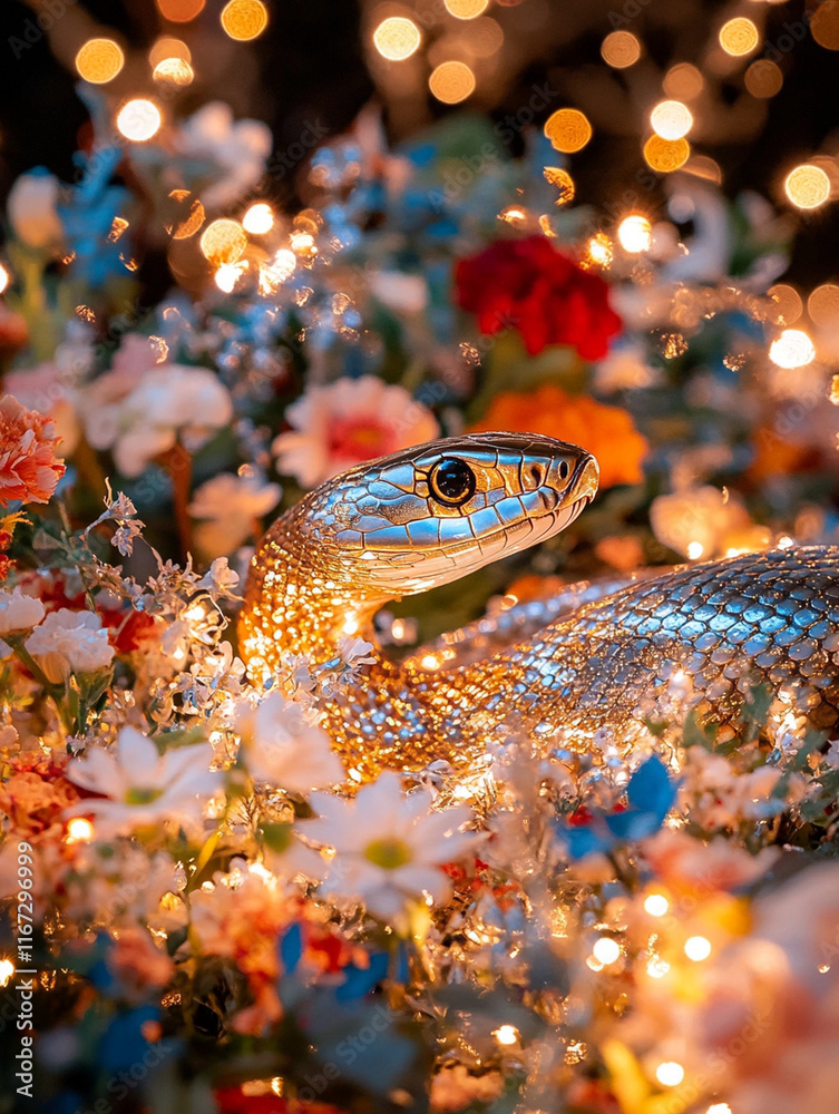 A golden snake dances wildly, its sleek body forming intricate patterns ...