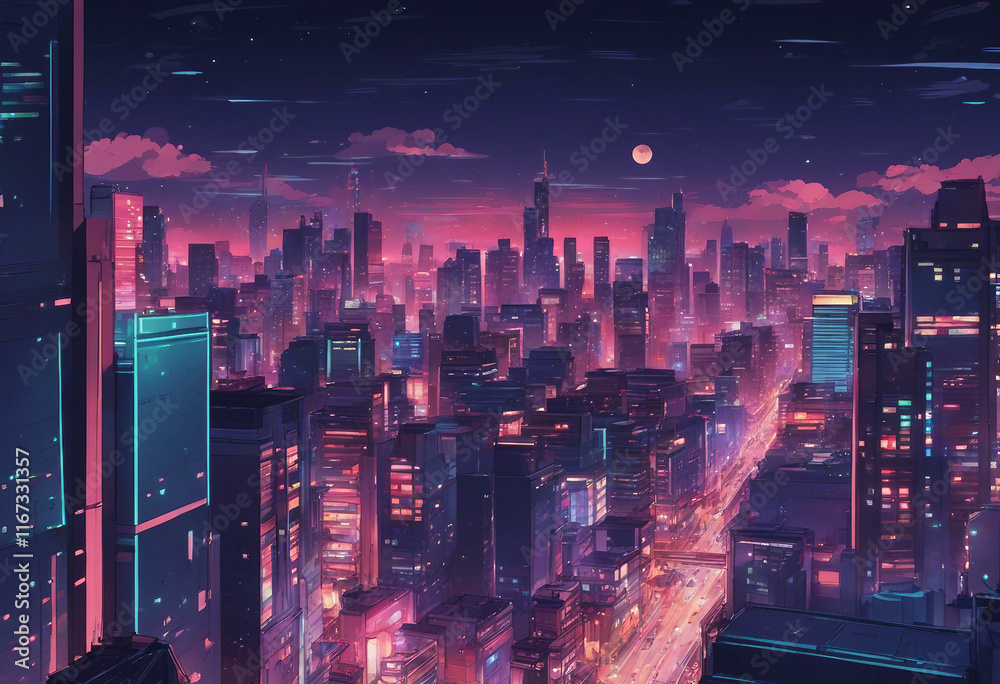 A wallpaper illustration of a night cityscape in anime neo crisp style ...