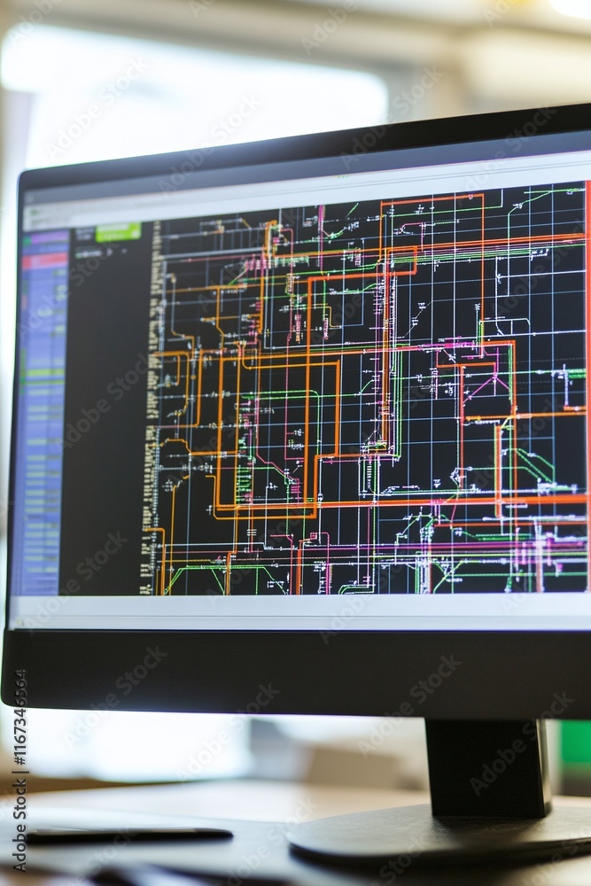 CAD software showing an electrical grid map overlay on a geographic ...