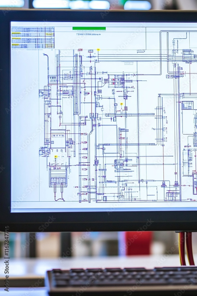 Ilustración de Stock Computer displaying a high-detail CAD drawing of electrical substations and ...
