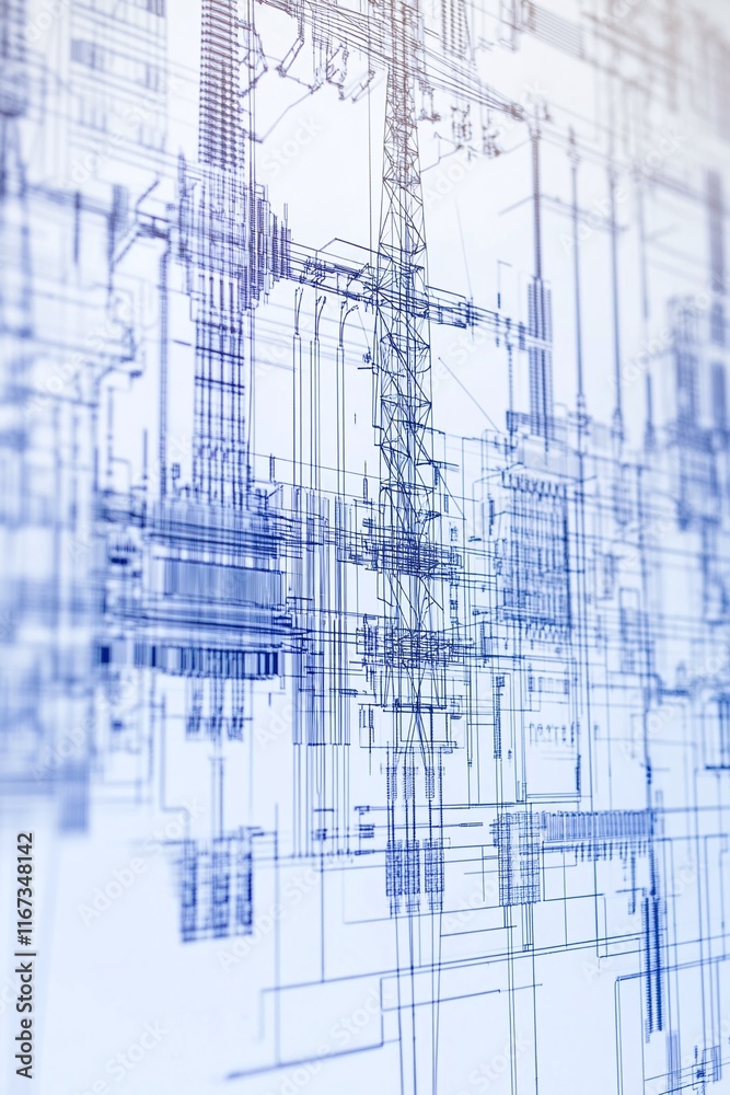Computer screen showing a detailed CAD blueprint of an electrical power ... Computer screen showing a detailed CAD blueprint of an electrical power ...
