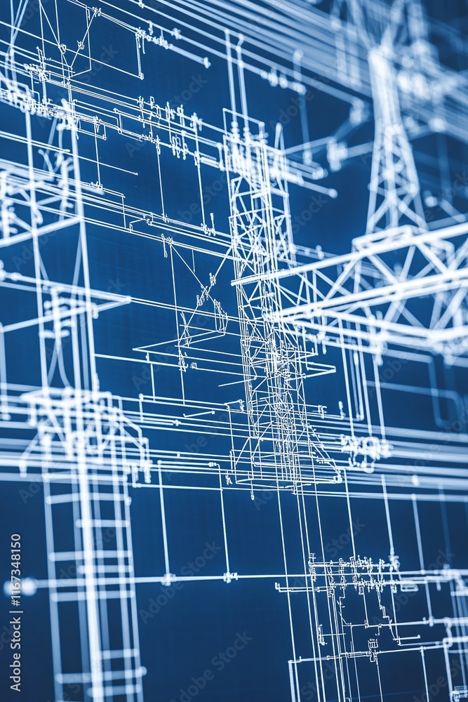 Computer screen showing a detailed CAD blueprint of an electrical power ...