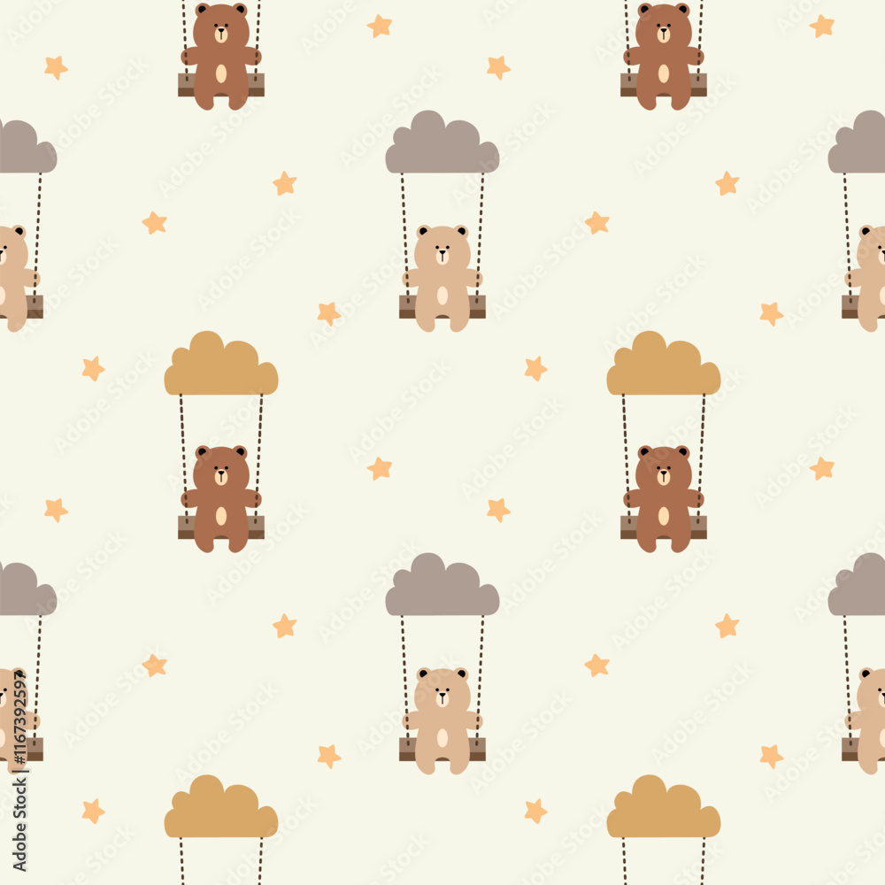Bear play swing cloud cartoon so cute. On star background. Pattern ...